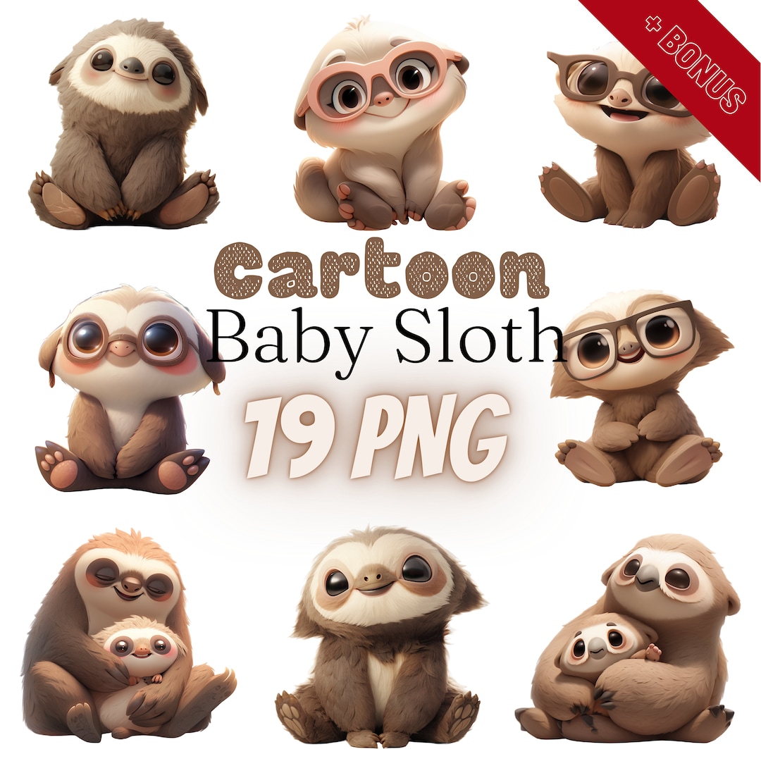 Cartoon Baby Sloth Cliparts Bundle, PNG, 19 Illustrations, Watercolor ...