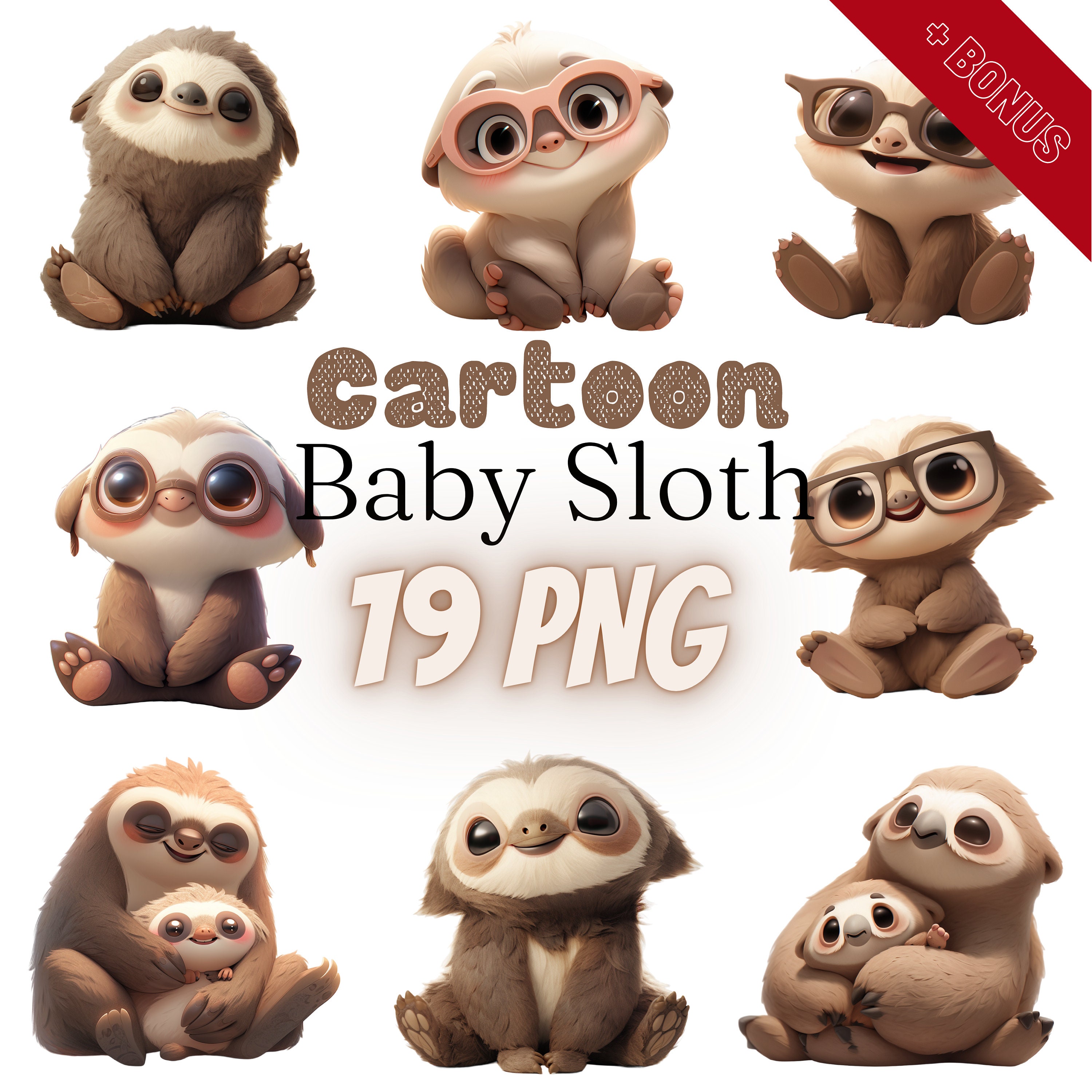 Cartoon Baby Sloth Cliparts Bundle, PNG, 19 Illustrations, Watercolor ...