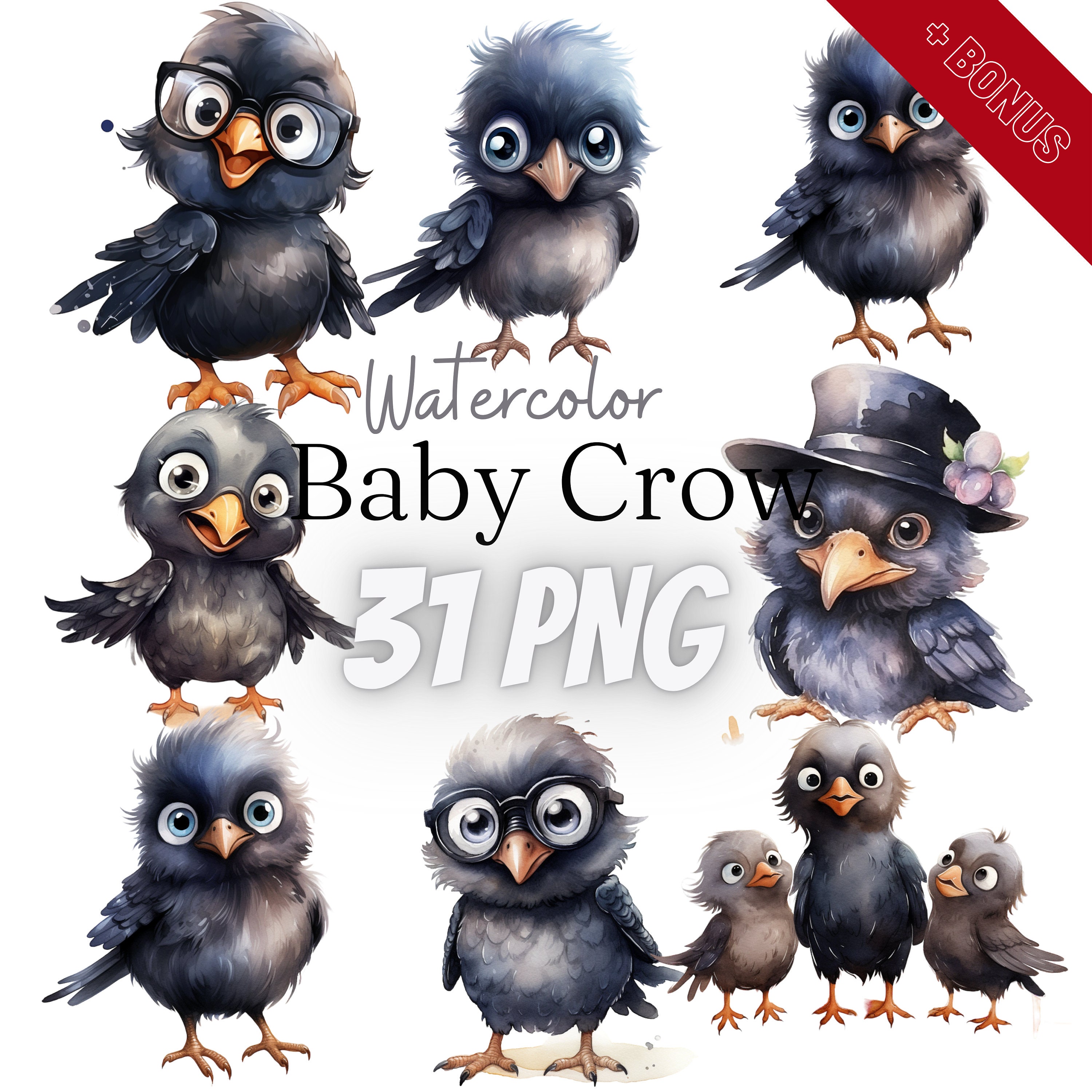 Watercolor Baby Crow Cliparts Bundle, PNG, 31 Illustrations, 300 Dpi ...