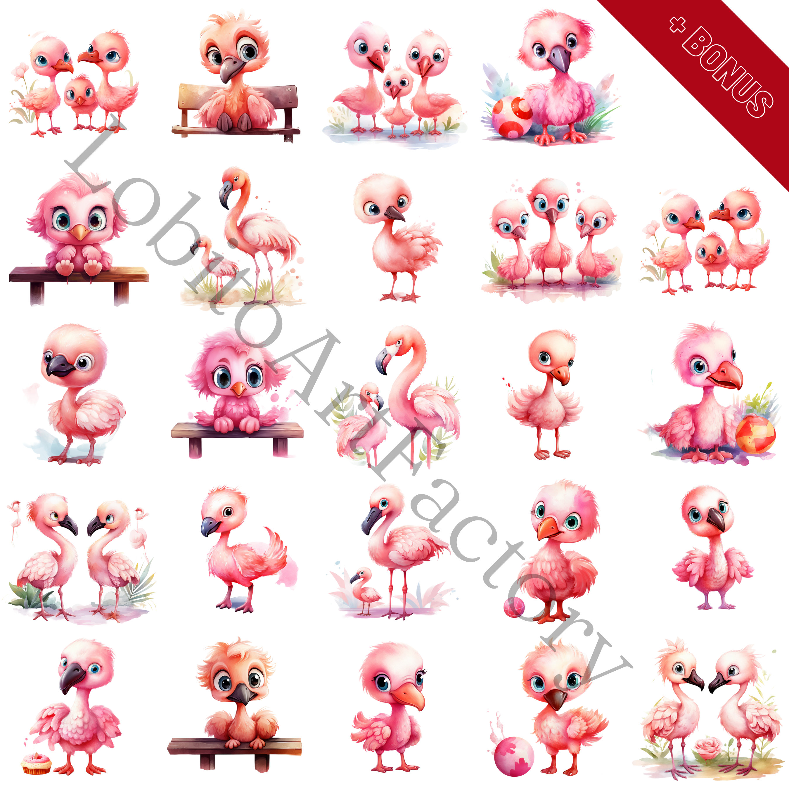 Watercolor Baby Flamingo Cliparts Bundle, 44 PNG, 300 Dpi, Pink Bird ...