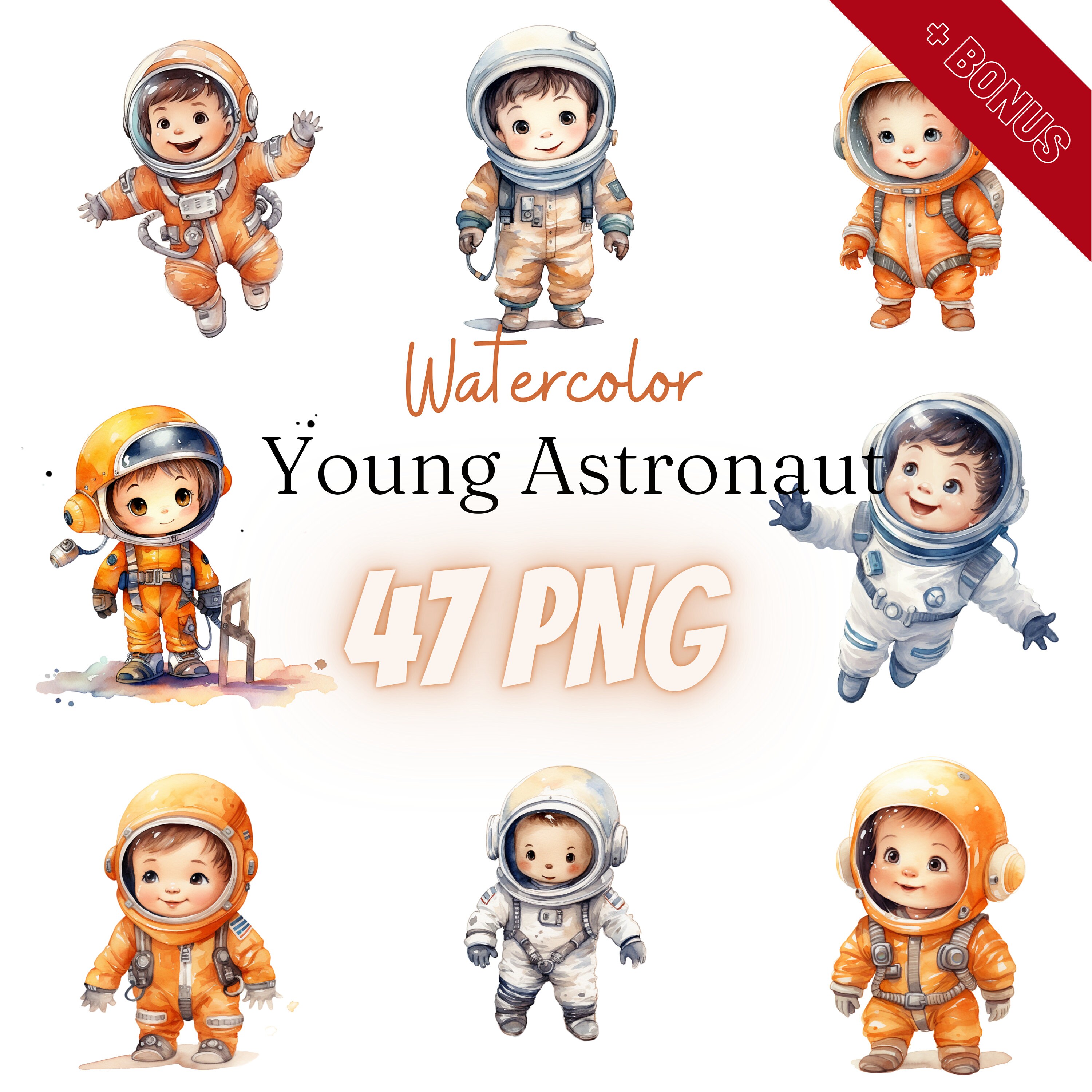 Watercolor Young Astronaut Cliparts Bundle, PNG, 47 Illustrations ...