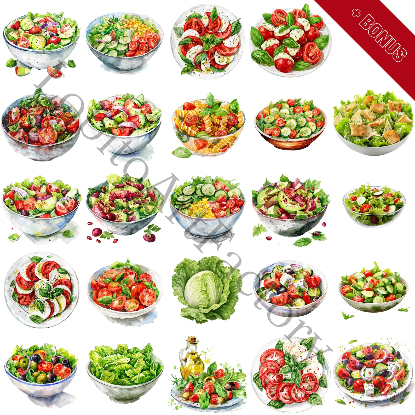 Watercolor Herb Salad Bundle, 58 PNG, Caesar Salad, Caprese, Chicken ...