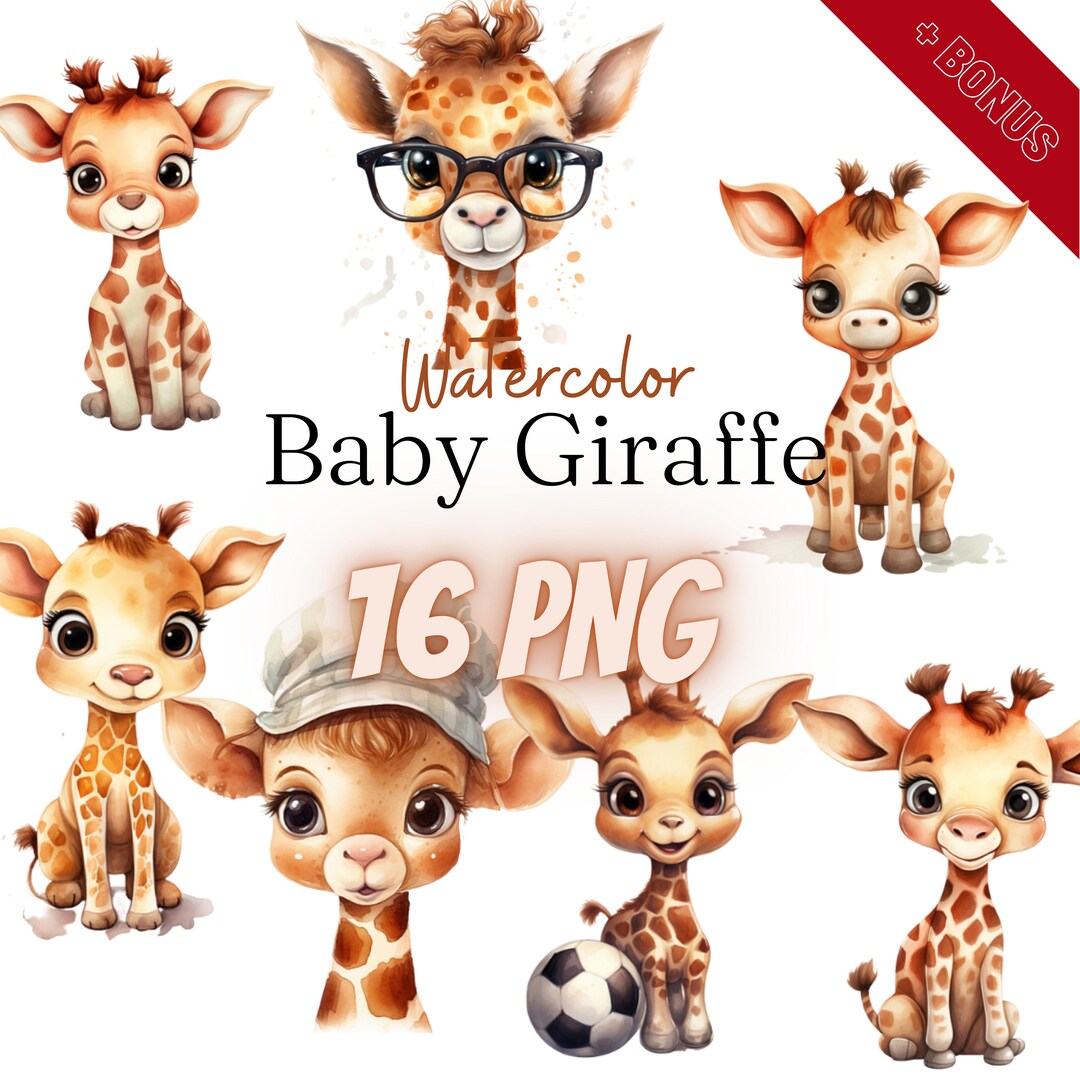 Watercolor Baby Giraffe Cliparts Bundle, PNG, 16 Illustrations ...