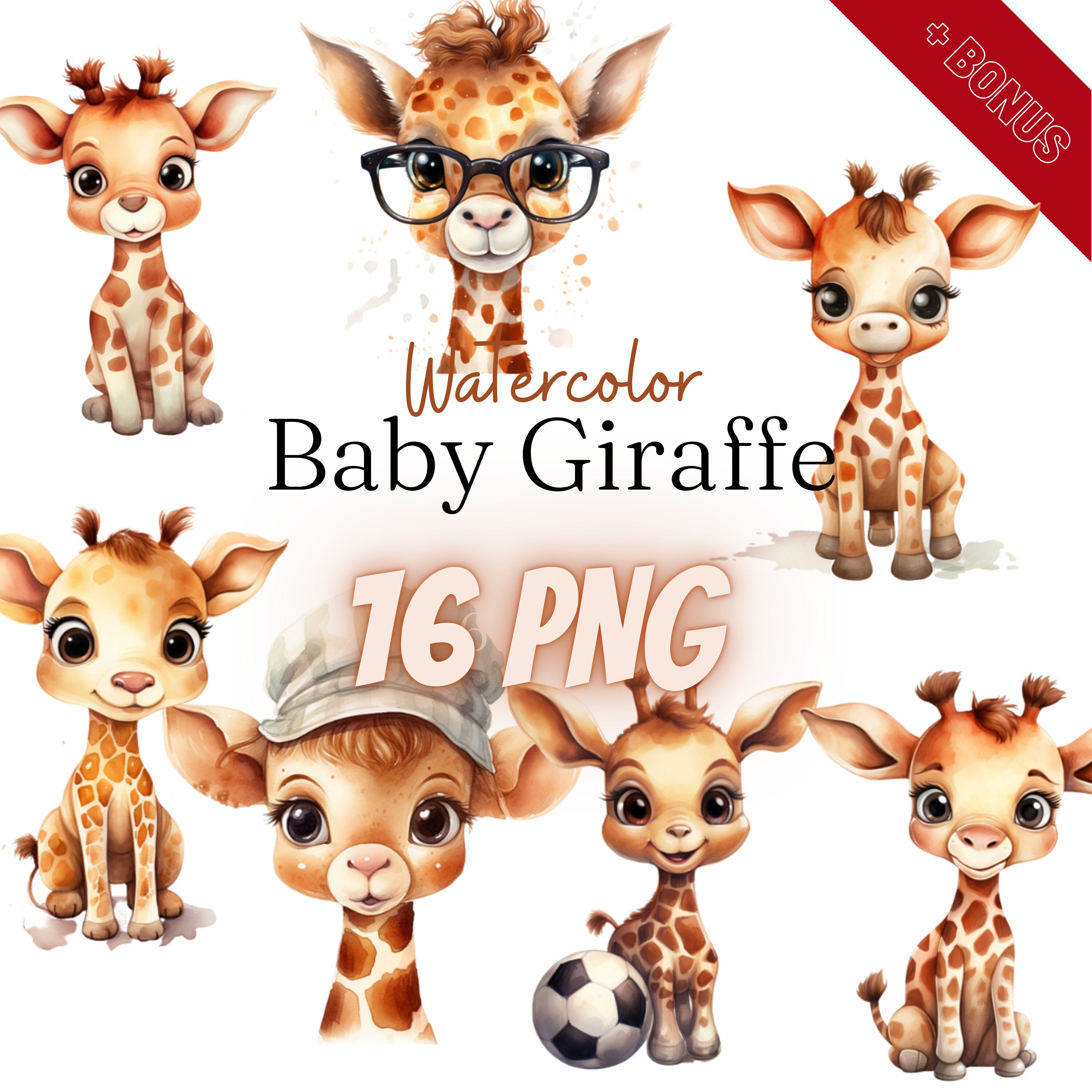 Watercolor Baby Giraffe Cliparts Bundle, PNG, 16 Illustrations ...