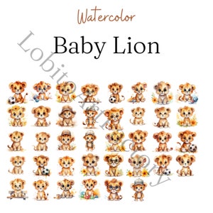 Watercolor Baby Lion Cliparts Bundle, PNG, 38 Illustrations, Little ...