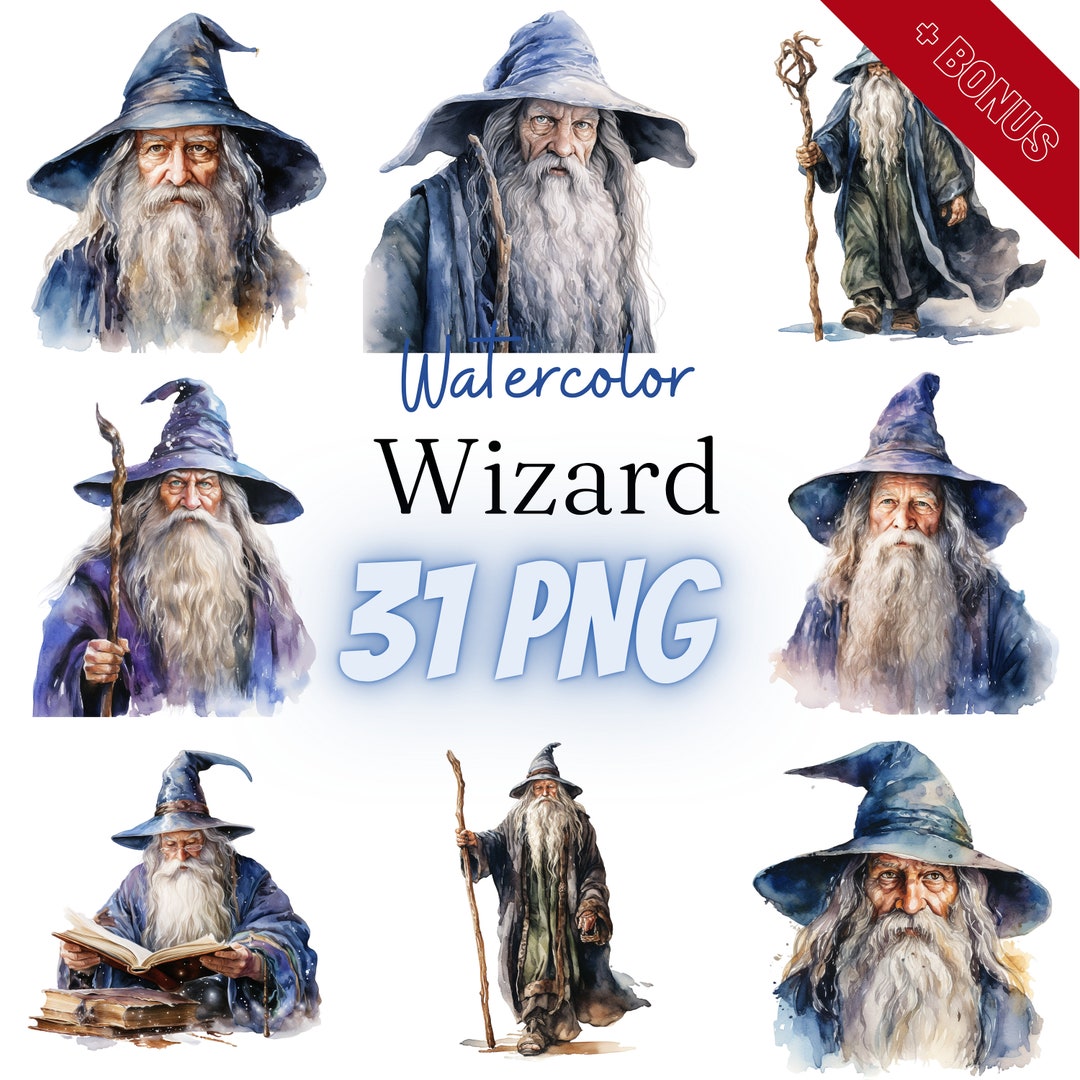 Watercolor Wizard Cliparts Bundle, PNG, 31 Illustrations, Wizard ...