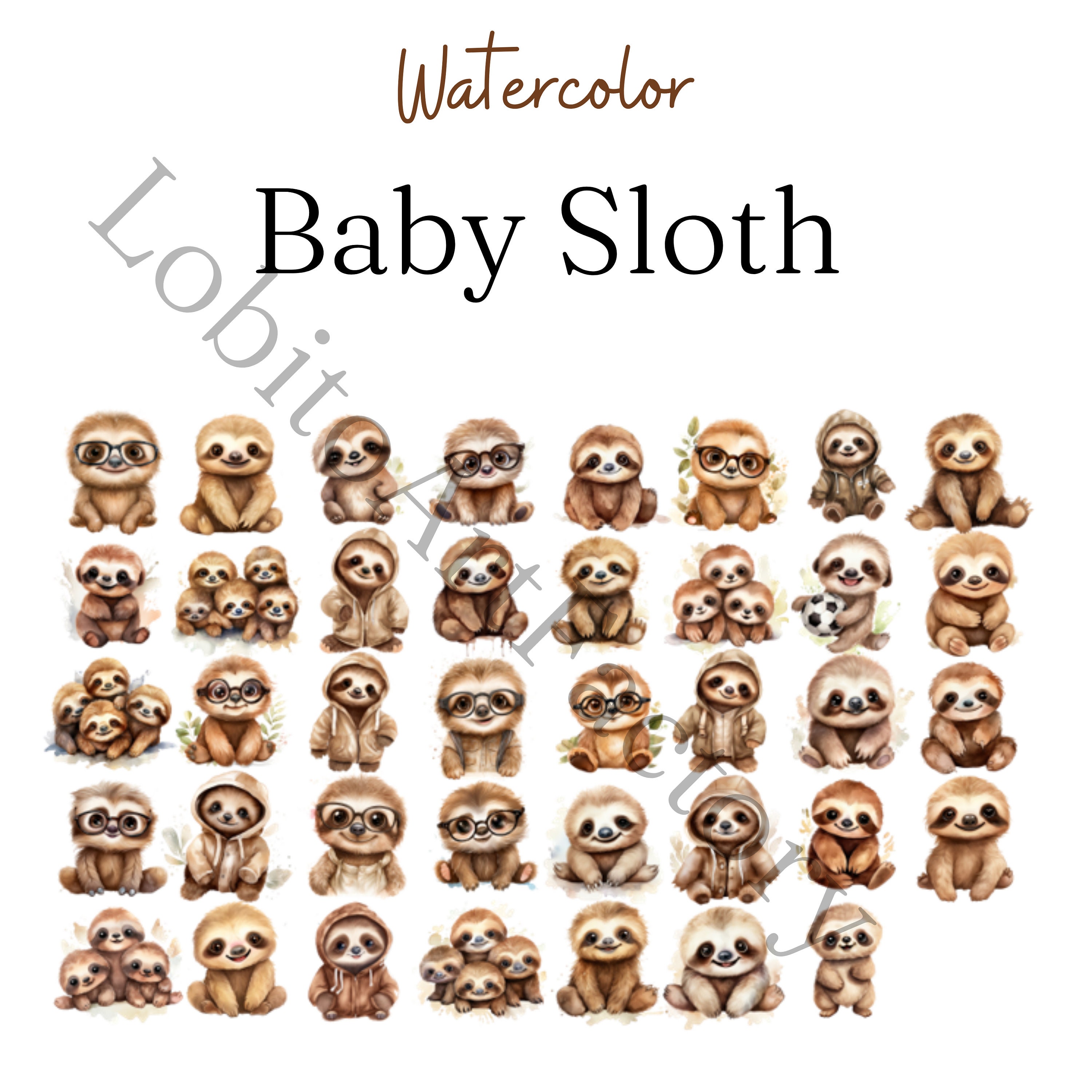 Watercolor Baby Sloth Cliparts Bundle, PNG, 39 Illustrations, Baby ...