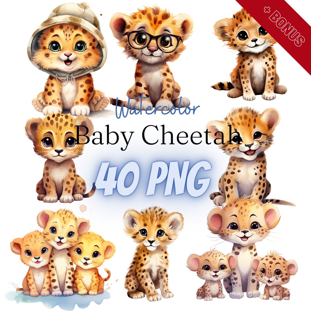 Watercolor Baby Cheetah Cliparts Bundle, PNG, 40 Illustrations, Safari ...