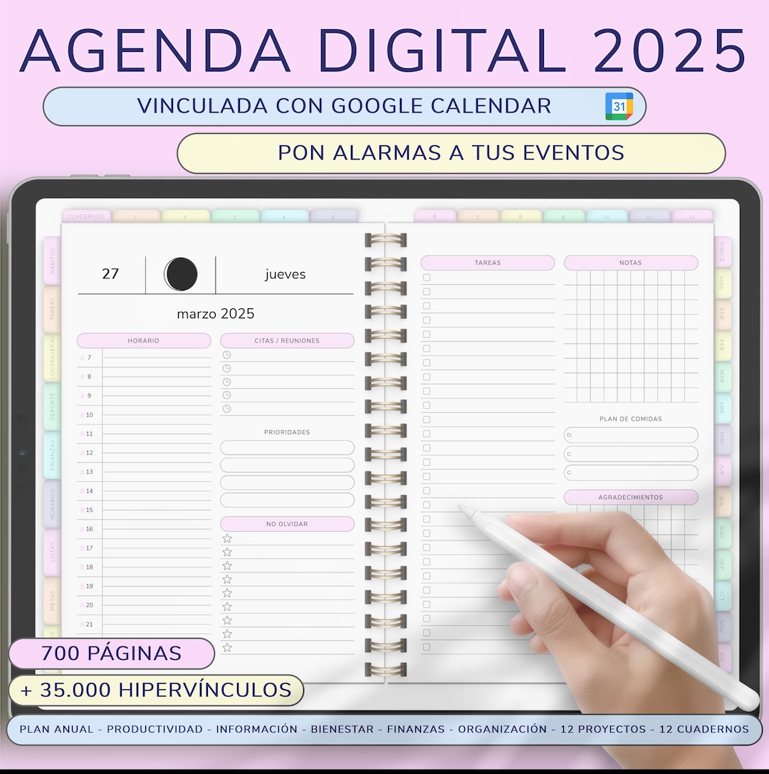Agenda digital 2025 vinculada con Google Calendar. Planificador digital ...