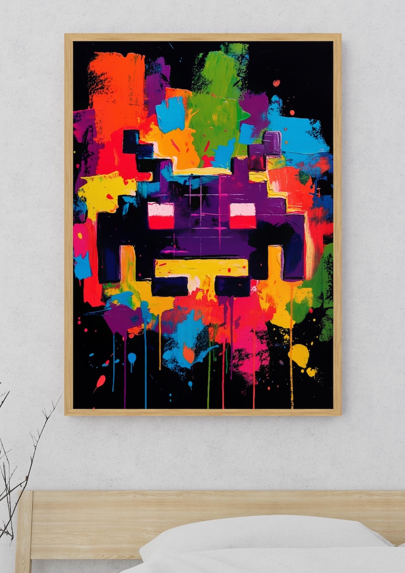 Abstract Pixel Art Space Invader Poster: Colorful Arcade Street Art ...