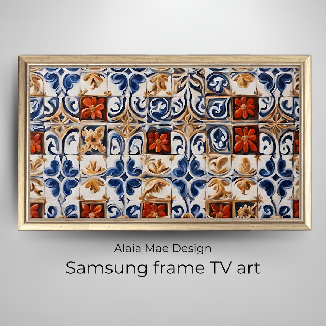Samsung Frame TV Art | Mediterranean Tiles Oil Painting | Blue, White ...