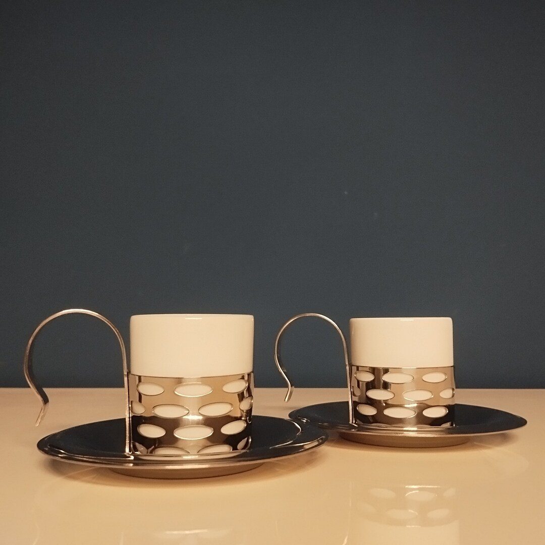 2 Sets WMF Vintage 1990s Memphis Style Stainless Steel Holder Porcelain ...