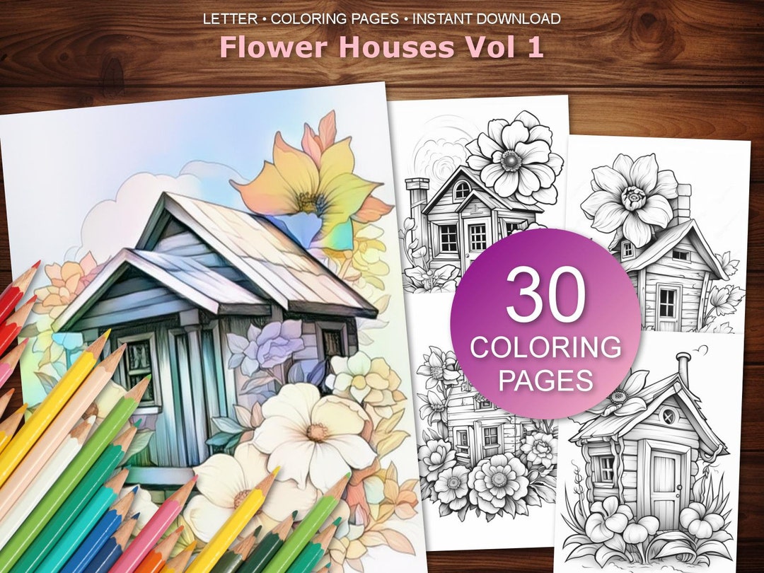 30 Flowery Homes Castles Cabins Coloring Book, Adults Kids, Instant ...