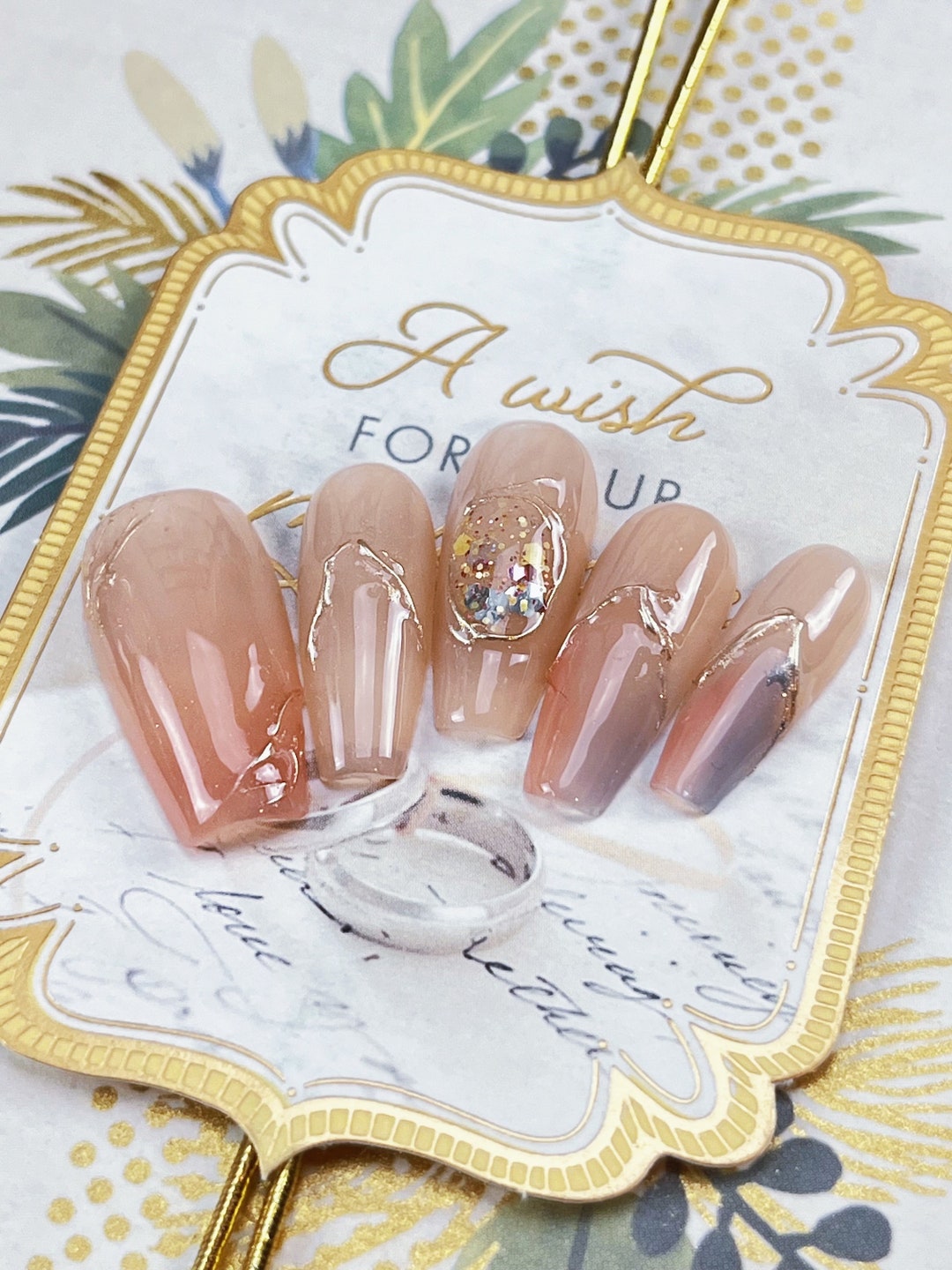 Neutral Color Nails With Golden Chrome Powder and Ombré Tipwedding ...