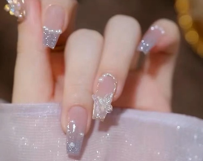 3D Butterfly Nails/glittering Gorgeous Purple French Tips Nails/wedding ...