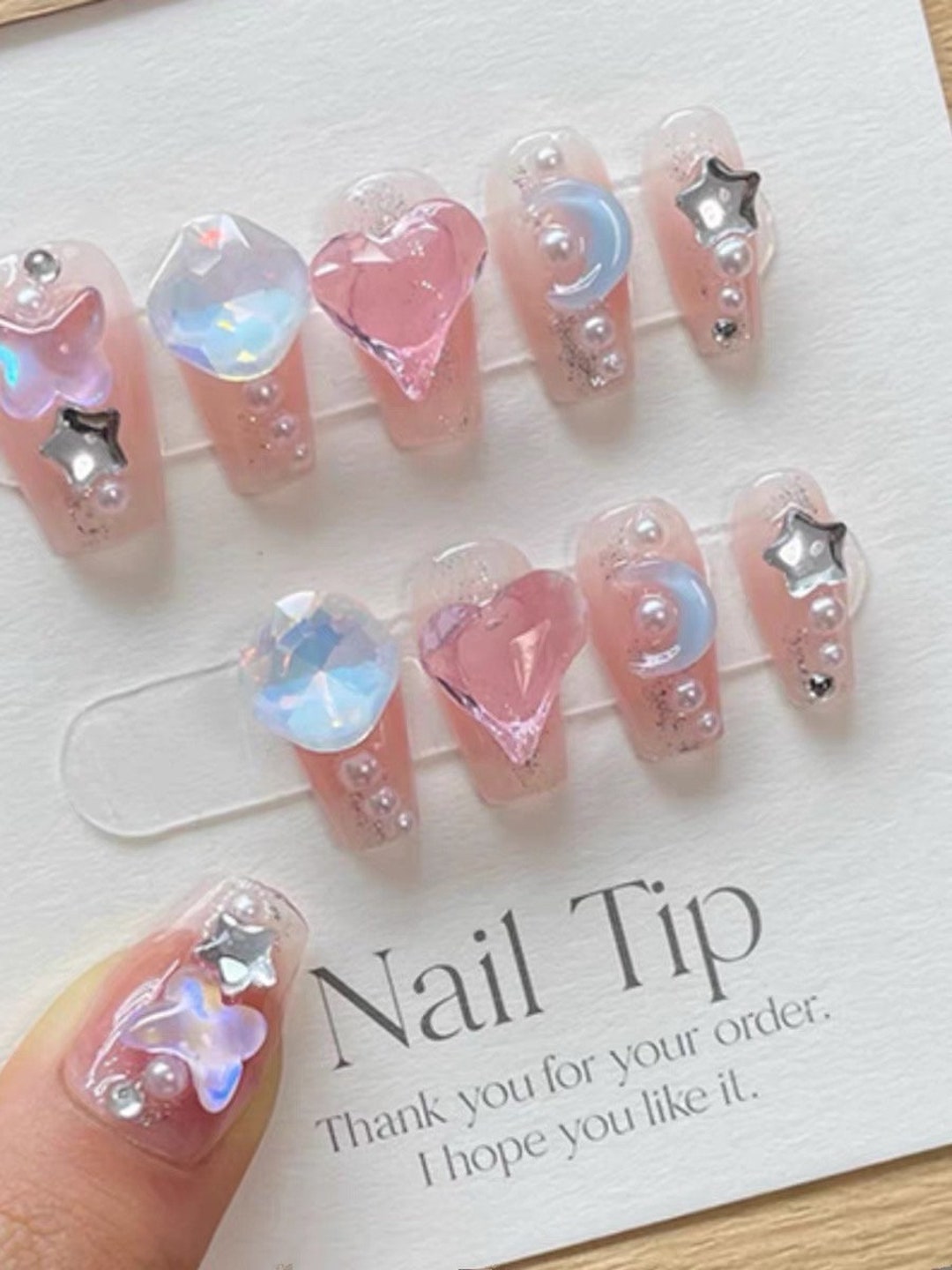 Y2K Pink Nails With Moon and Stars/coffin Nails With Charms/party ...