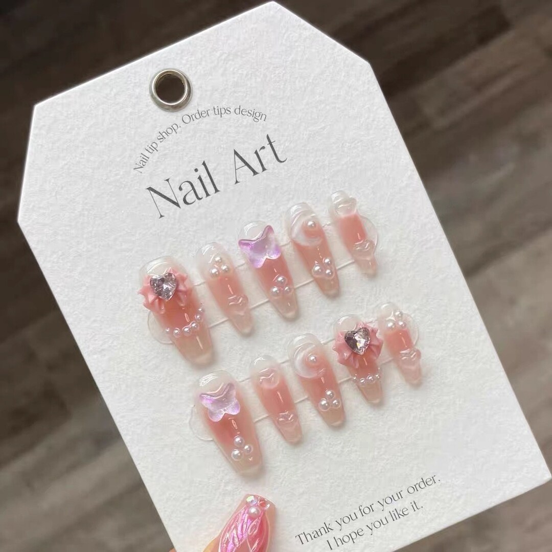 Peach Pink Nails With Cute Ombré/butterfly Nails With 3D Noon and ...