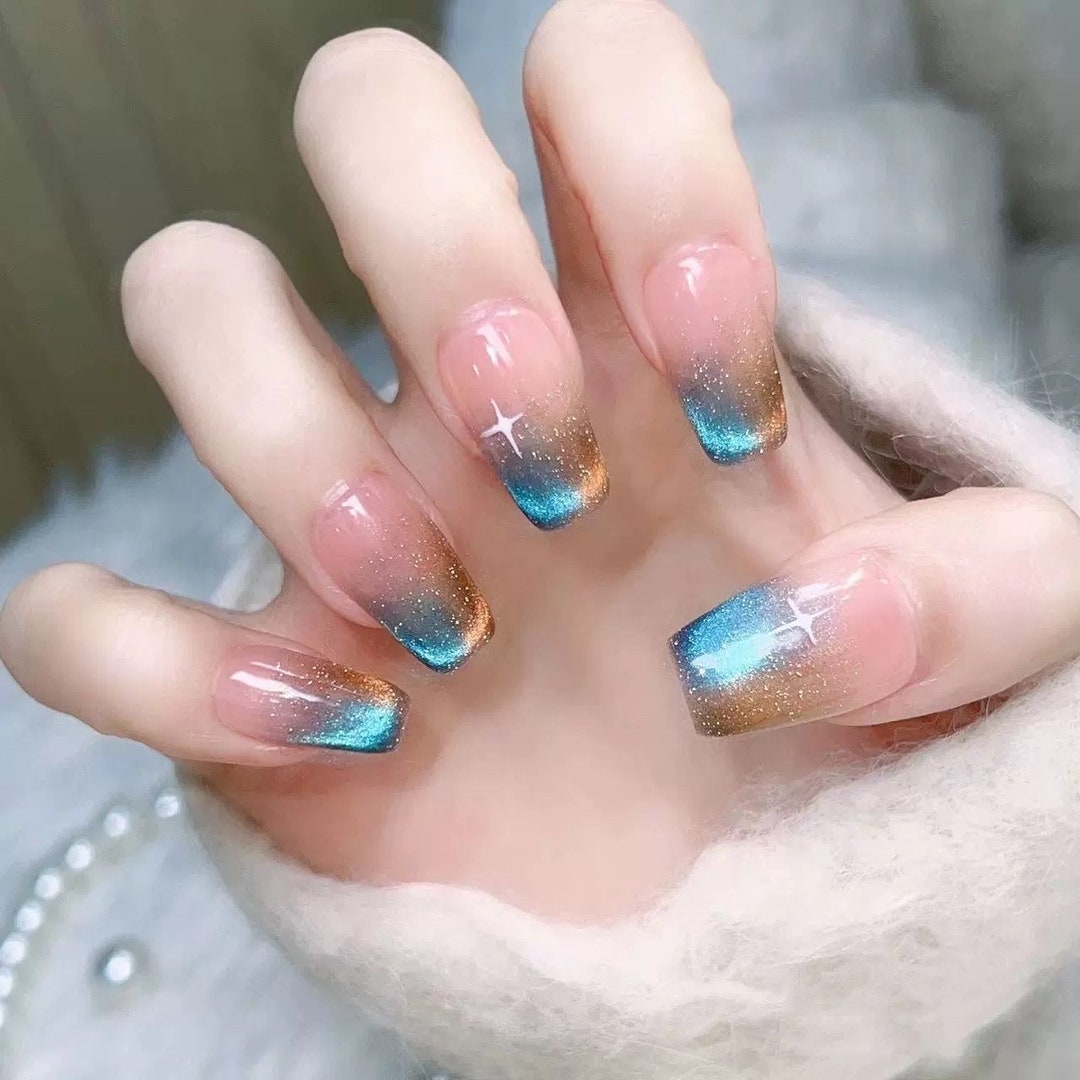 Pretty Pink Coffin Nails With Shimmering Cat Eye Tip/unique Dainty Pink ...
