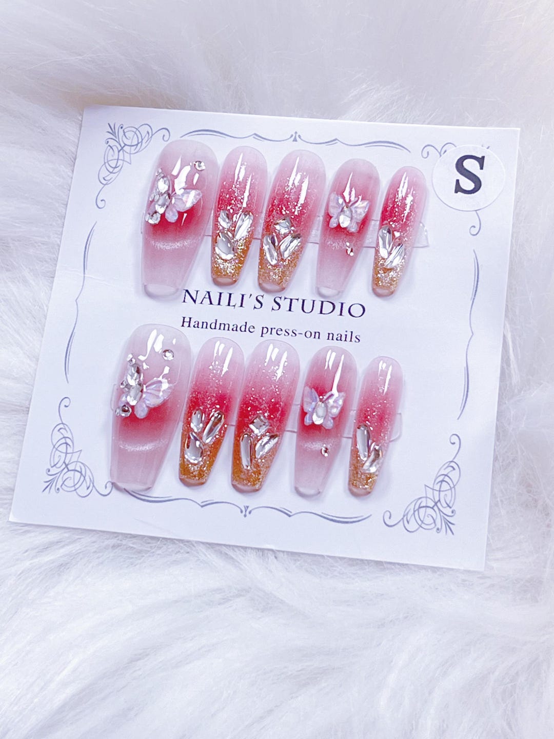 Peach Pink Nails With Shimmering Gems/butterfly Nails With 3D Noon and ...