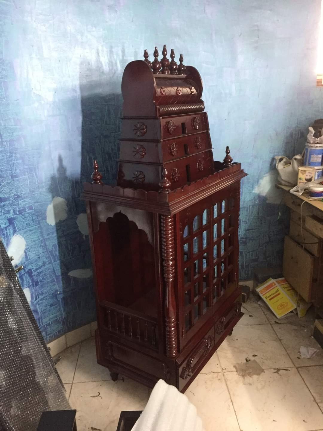Wooden Designer Temple Solid Wood Home Pooja Temple South Indian Design ...