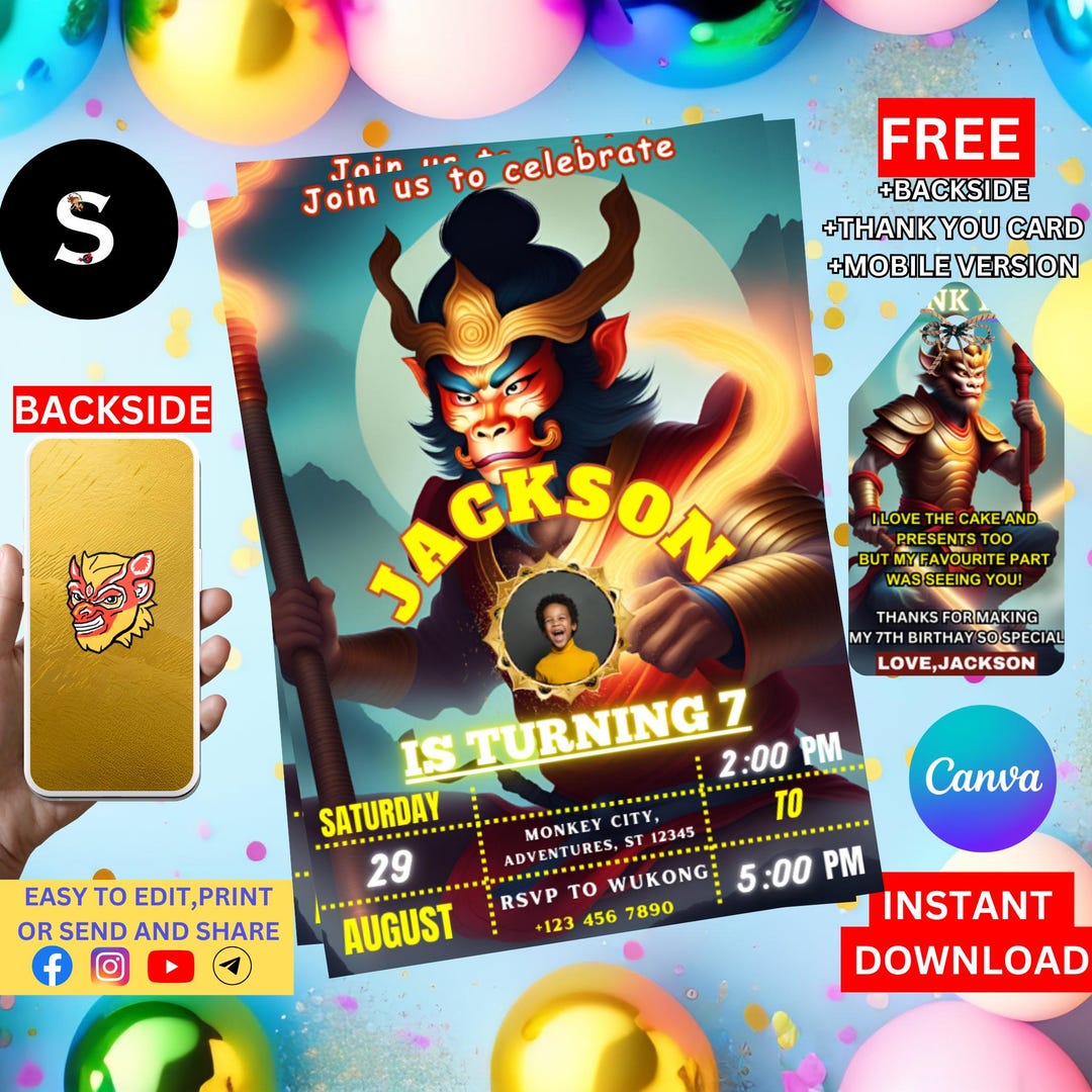 Wukong Monkey King Birthday Digital Invitation Cute Animal Editable ...