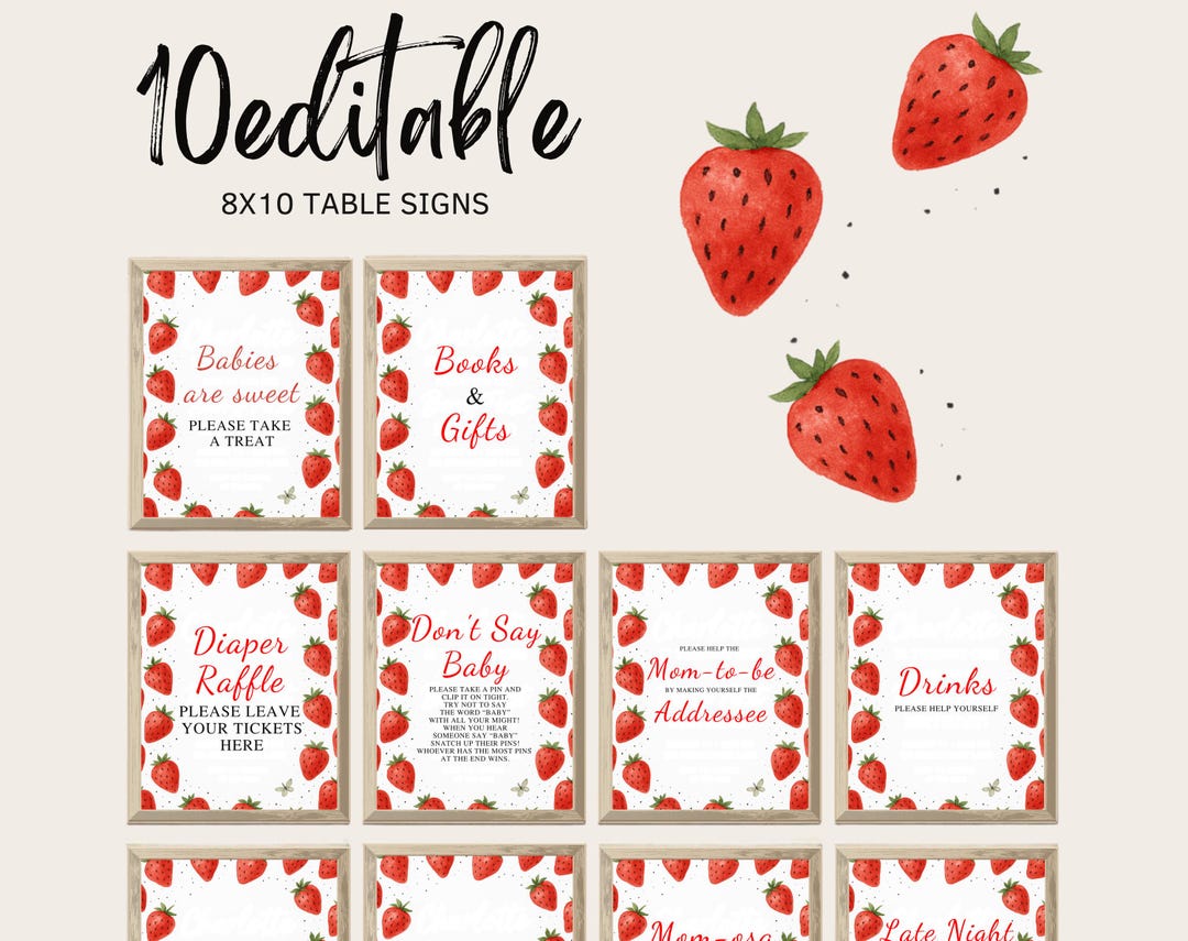 Strawberry Baby Shower Signs: 10 Editable Prints | Berry First Birthday ...