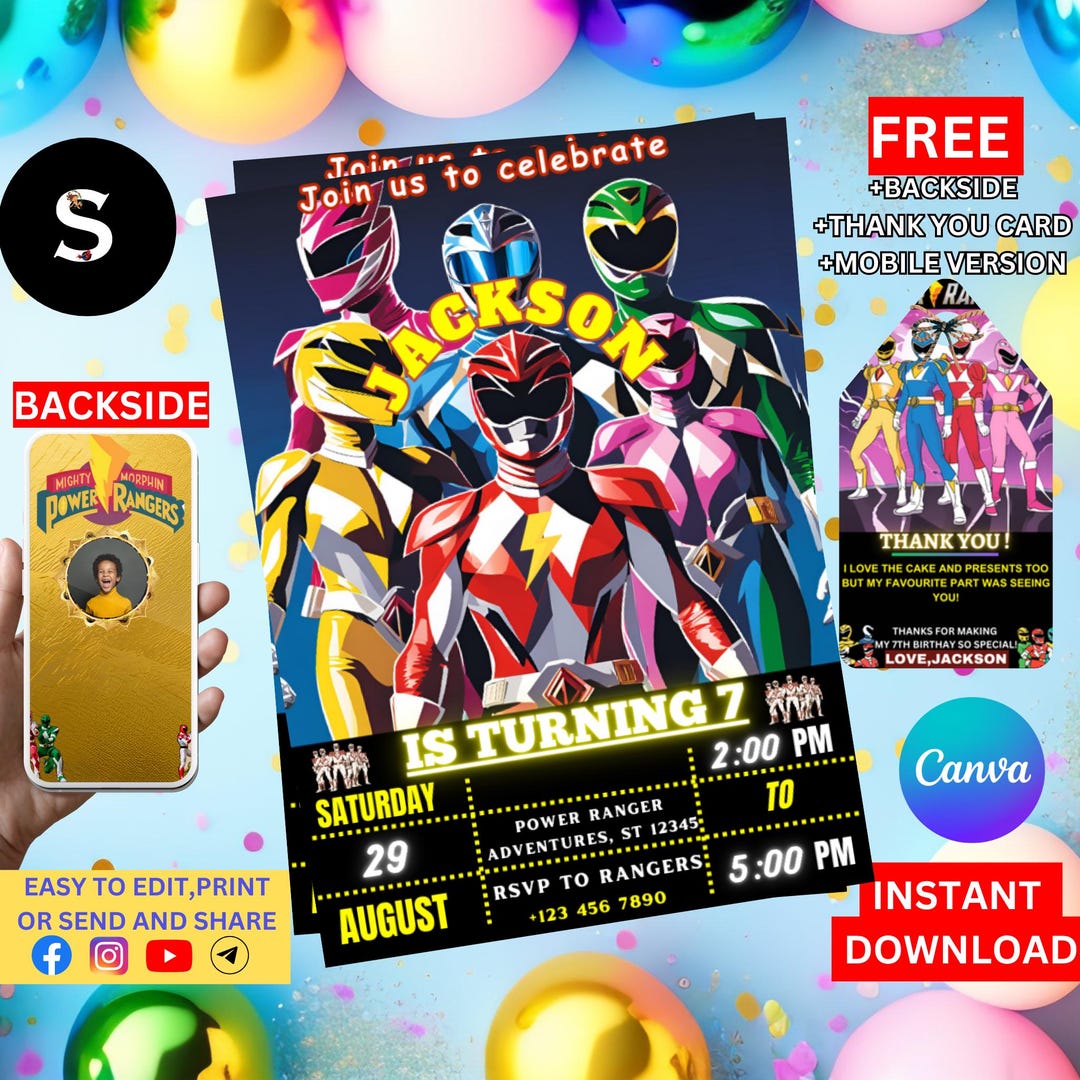 Power Rangers Birthday Digital Invitation Cute Animal Editable Invite ...