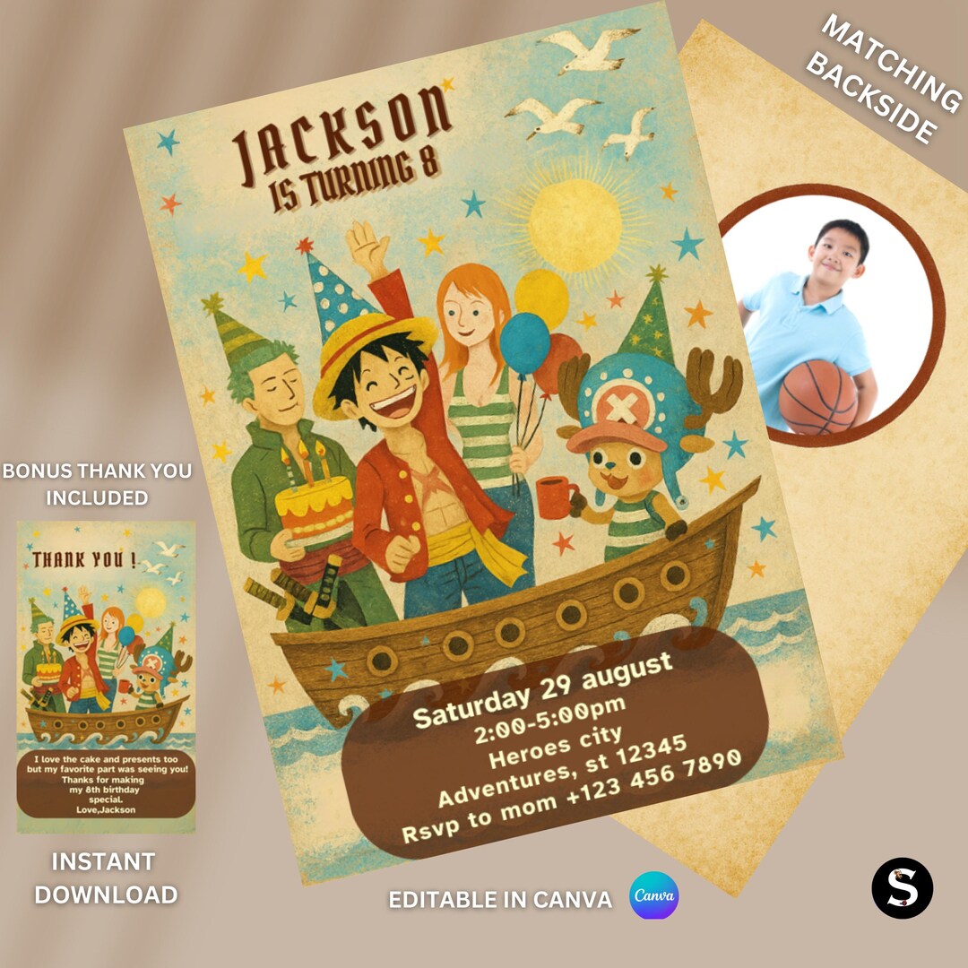 One Piece Birthday Invitation Editable Template | Anime Pirate Party ...