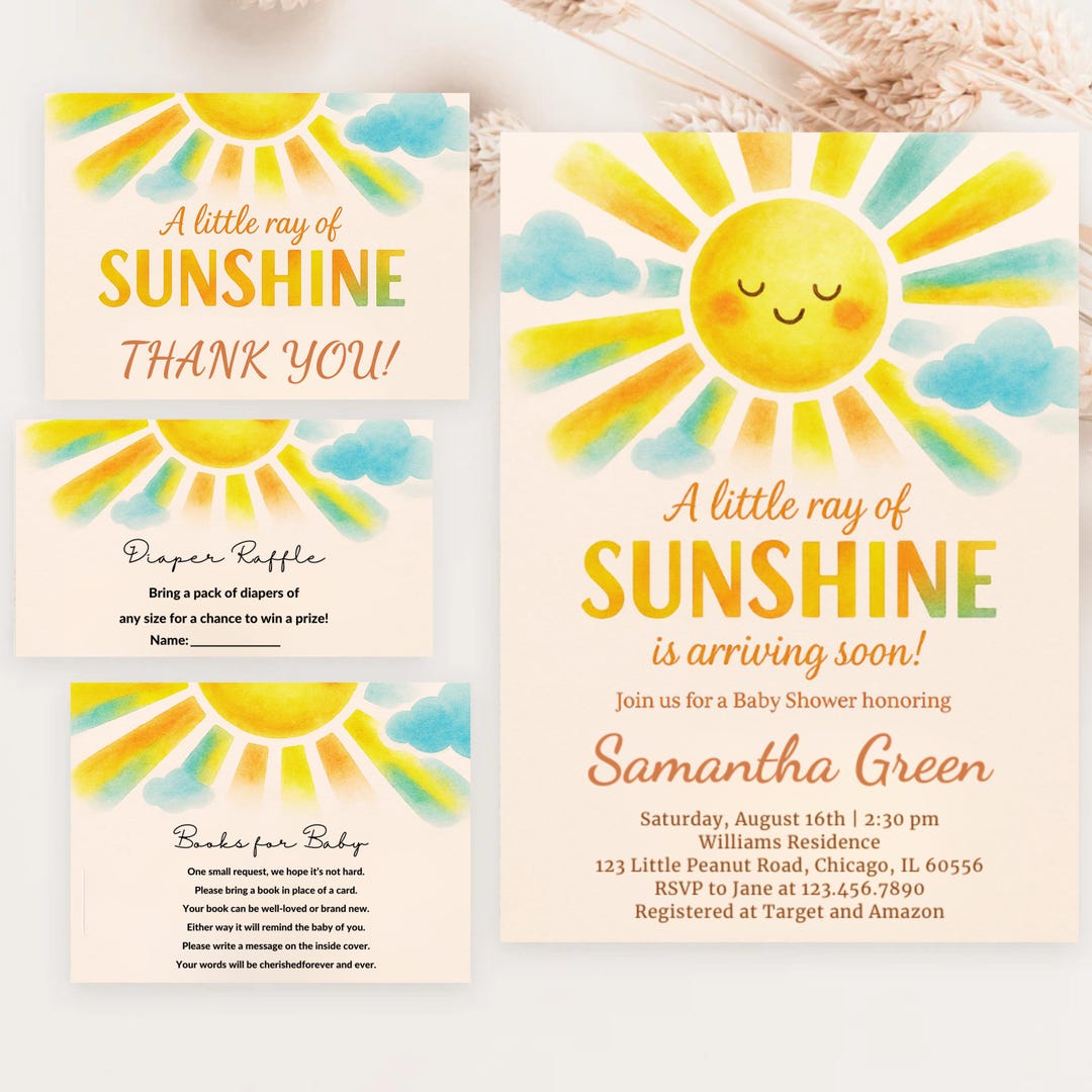 Editable Sunshine Baby Shower Invitation Set, A Little Ray of Sunshine ...