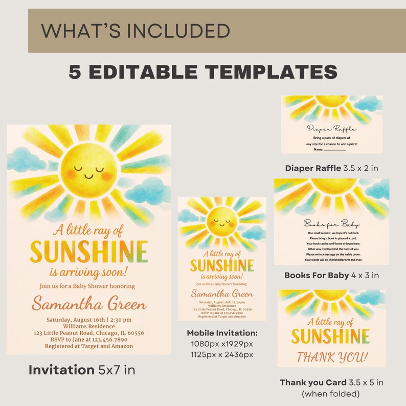 Editable Sunshine Baby Shower Invitation Set, A Little Ray of Sunshine ...