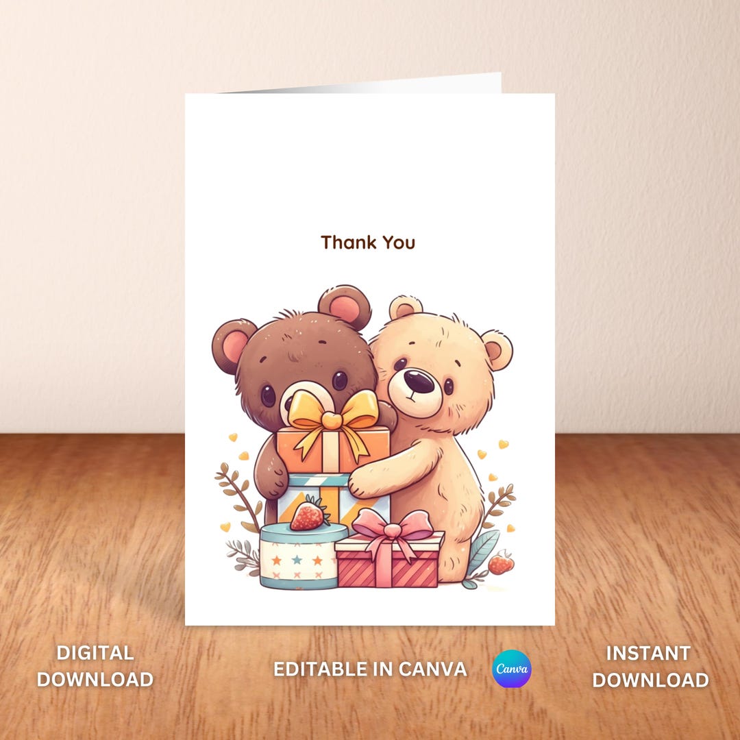 Cute Bear Thank You Card Printable | Editable Greeting Card Template ...
