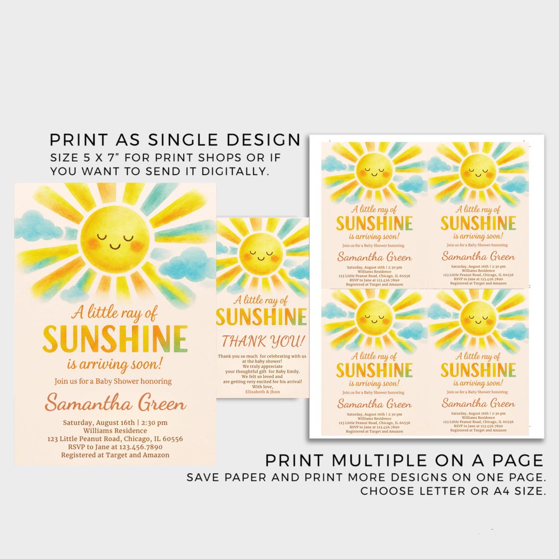 Editable Sunshine Baby Shower Invitation Set, A Little Ray of Sunshine ...