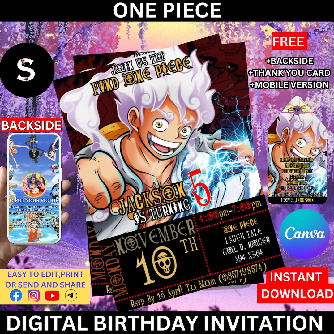 One Piece Editable Birthday Invite Digital Card-video Evite Printable ...