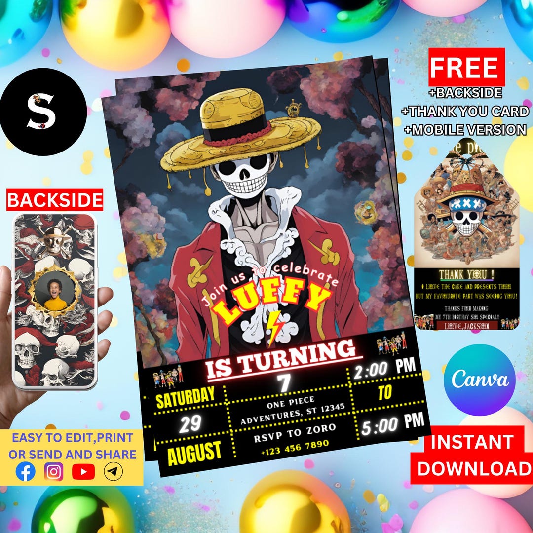 Zombie Luffy Birthday Digital Invitation Cute Animal Editable Invite ...