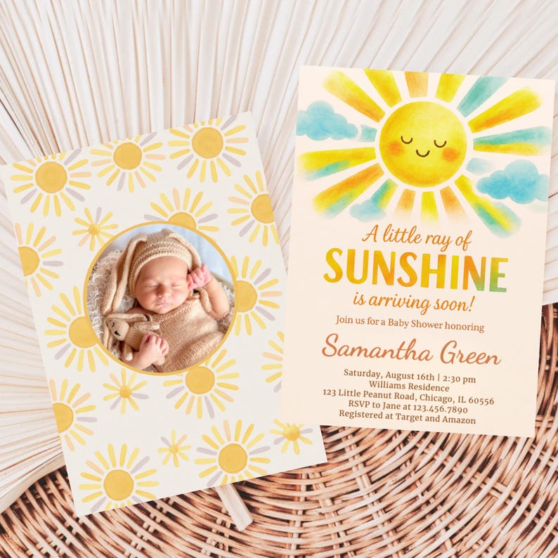 Editable Sunshine Baby Shower Invitation Set, A Little Ray of Sunshine ...