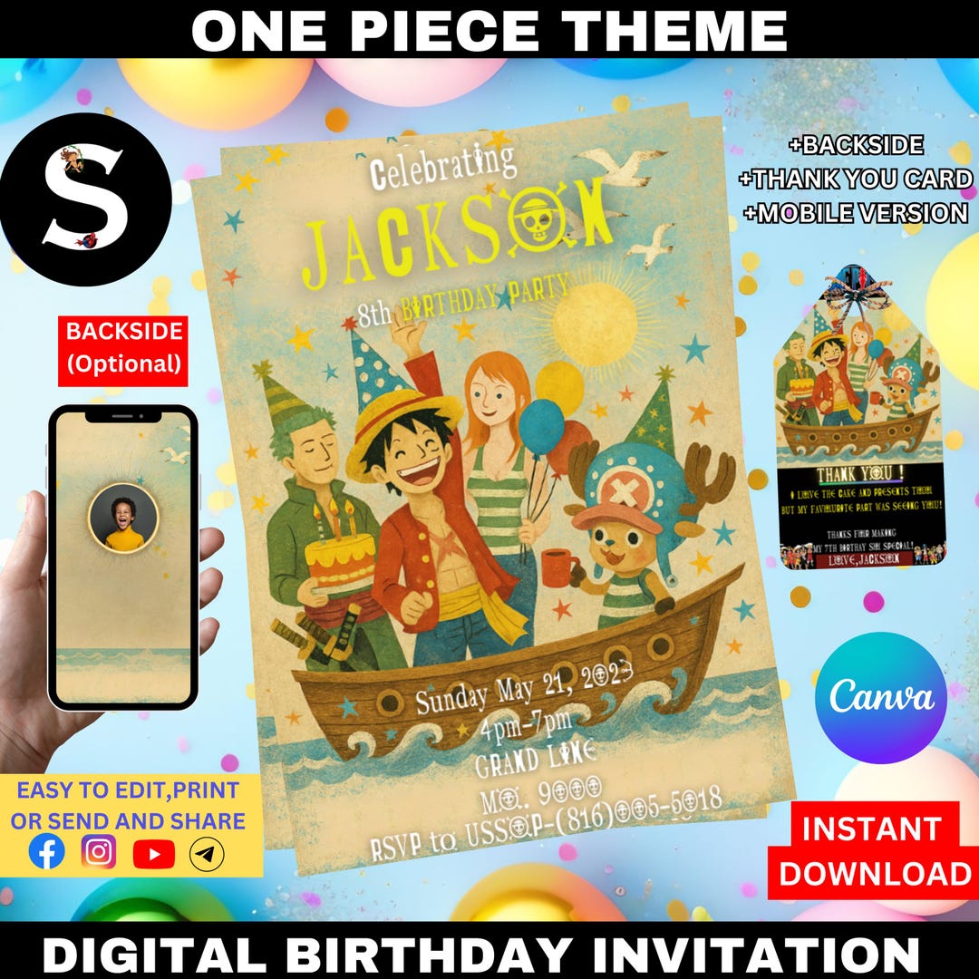 Birthday Invitation Card One Piece Theme Party |thank You Card |cute ...