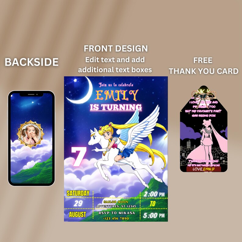 Sailor Moon Birthday Invitation Card Princess Party Cute Editable Invite Digital Card Gift Ideas ...