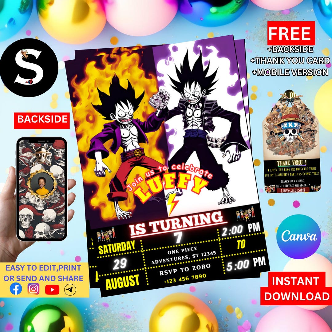 Luffy Zombie Cardbirthday Digital Invitation Cute Animal Editable ...