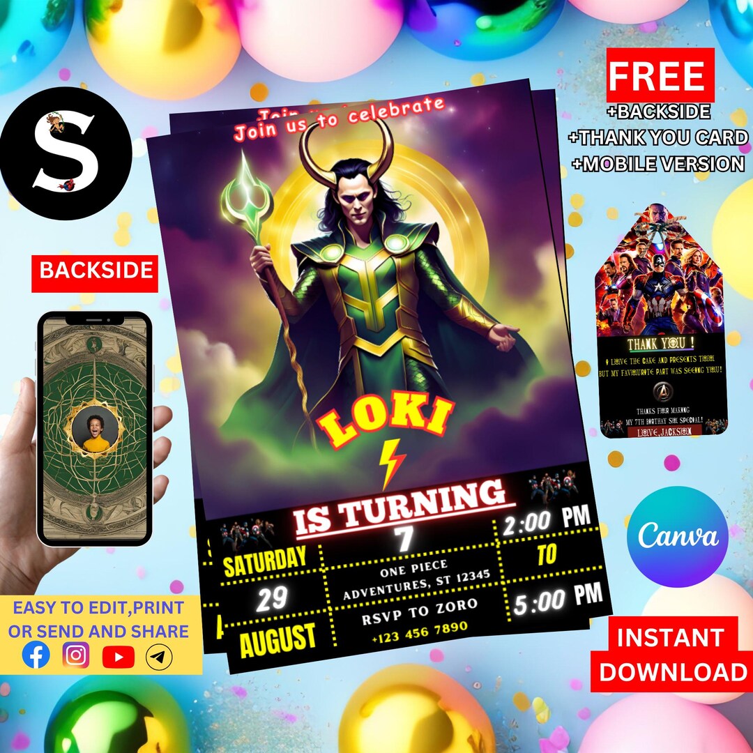 Loki Card Birthday Digital Invitation Cute Animal Editable Invite ...