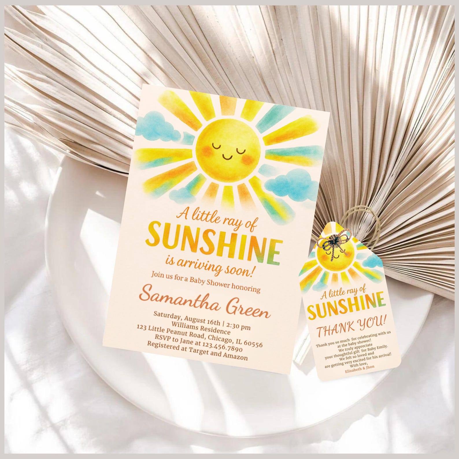 Editable Sunshine Baby Shower Invitation Set, A Little Ray of Sunshine ...