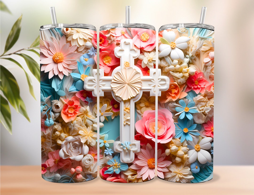 3D Christian Cross Flower Floral Religious, 20oz Skinny Tumbler ...