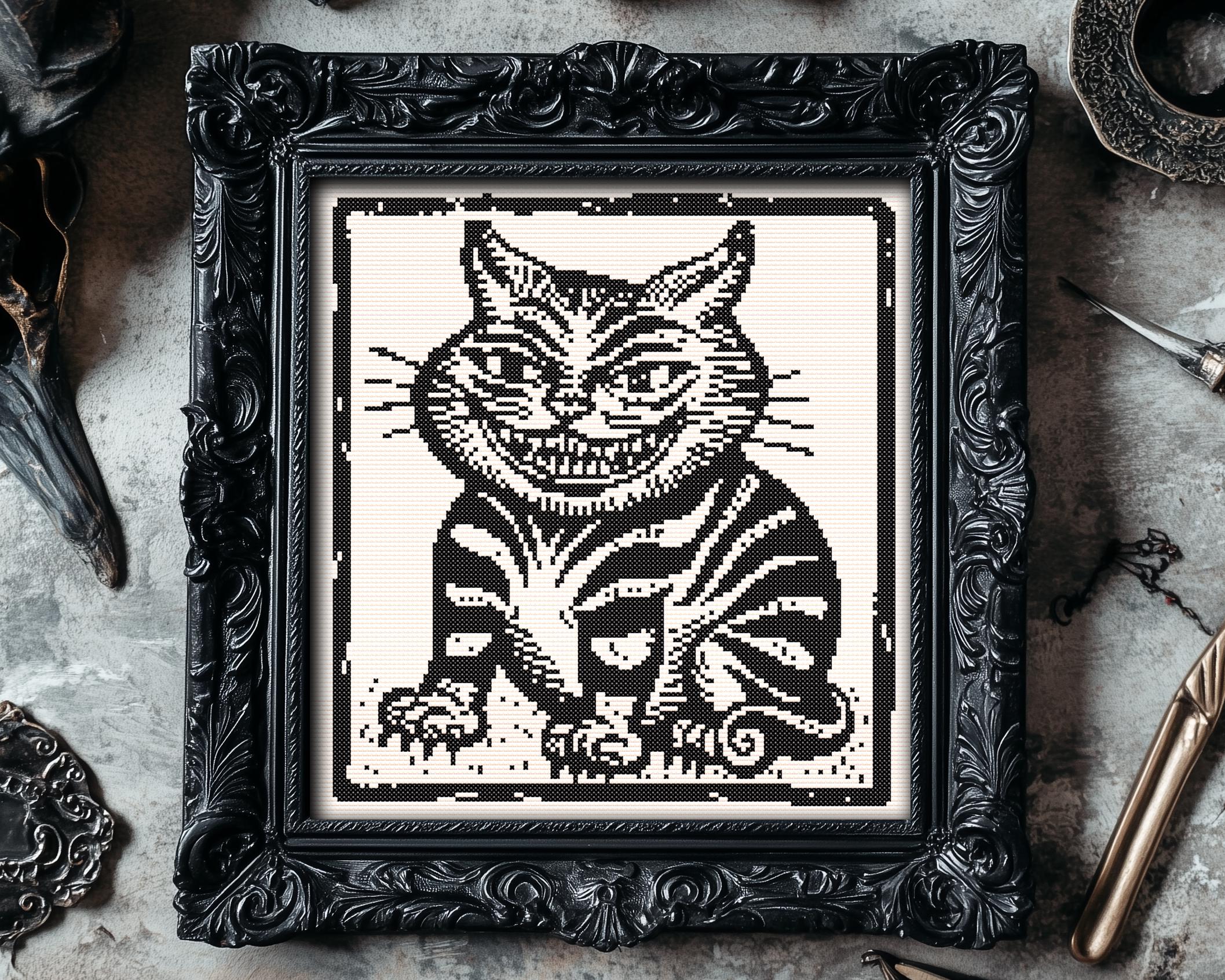 Woodcut Cheshire Cat Stitch Pattern Witchy Xstitch Spooky Gift for ...