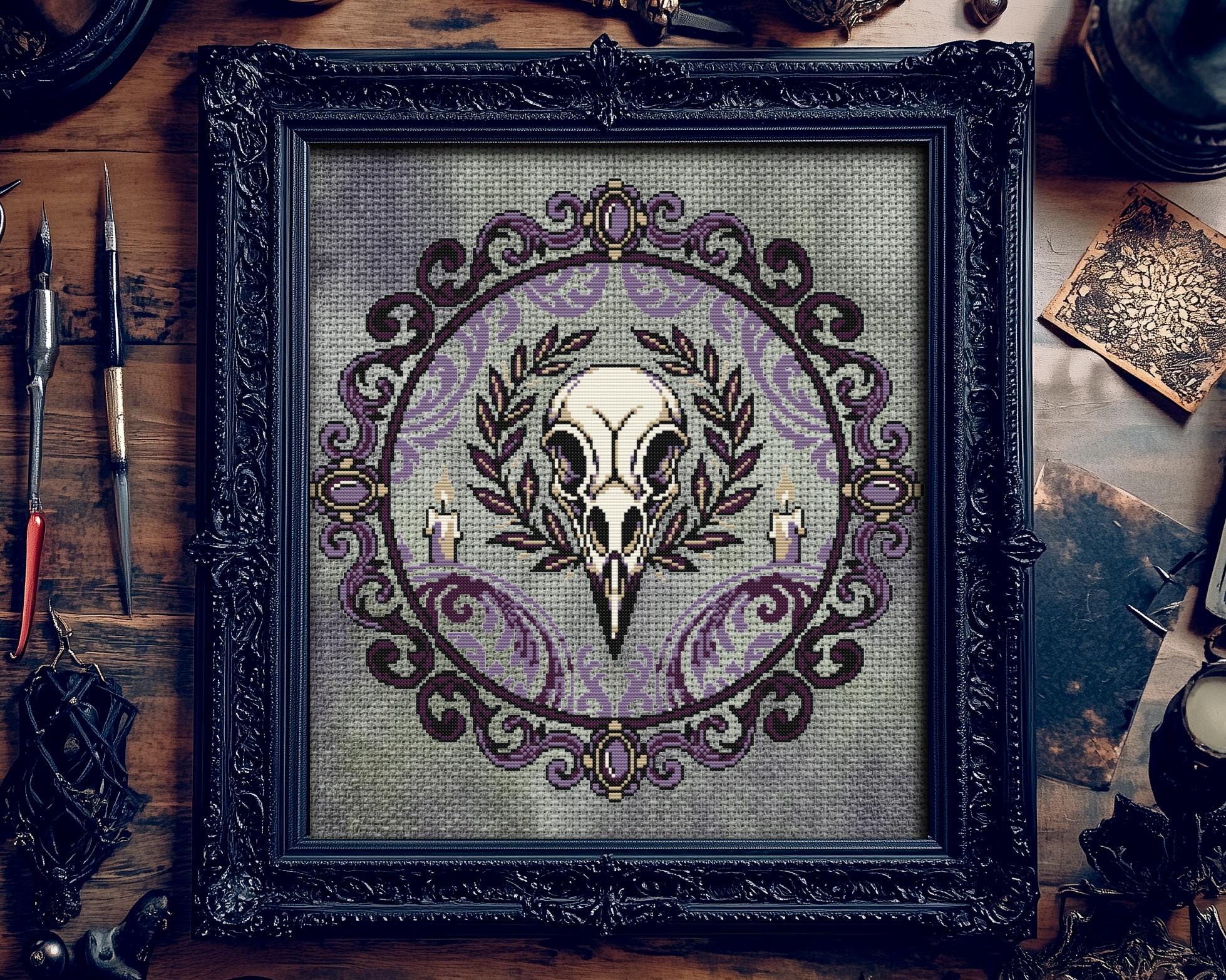 Gothic Raven Skull Cross Stitch Pattern Fantasy Gift for Halloween ...