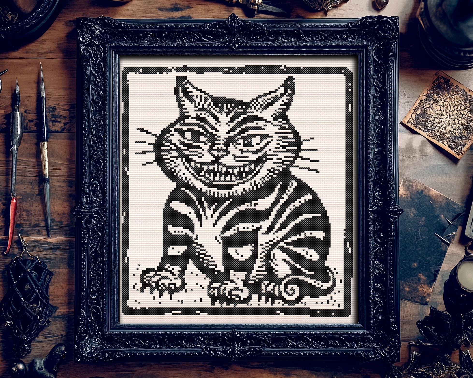 Woodcut Cheshire Cat Stitch Pattern Witchy Xstitch Spooky Gift for ...