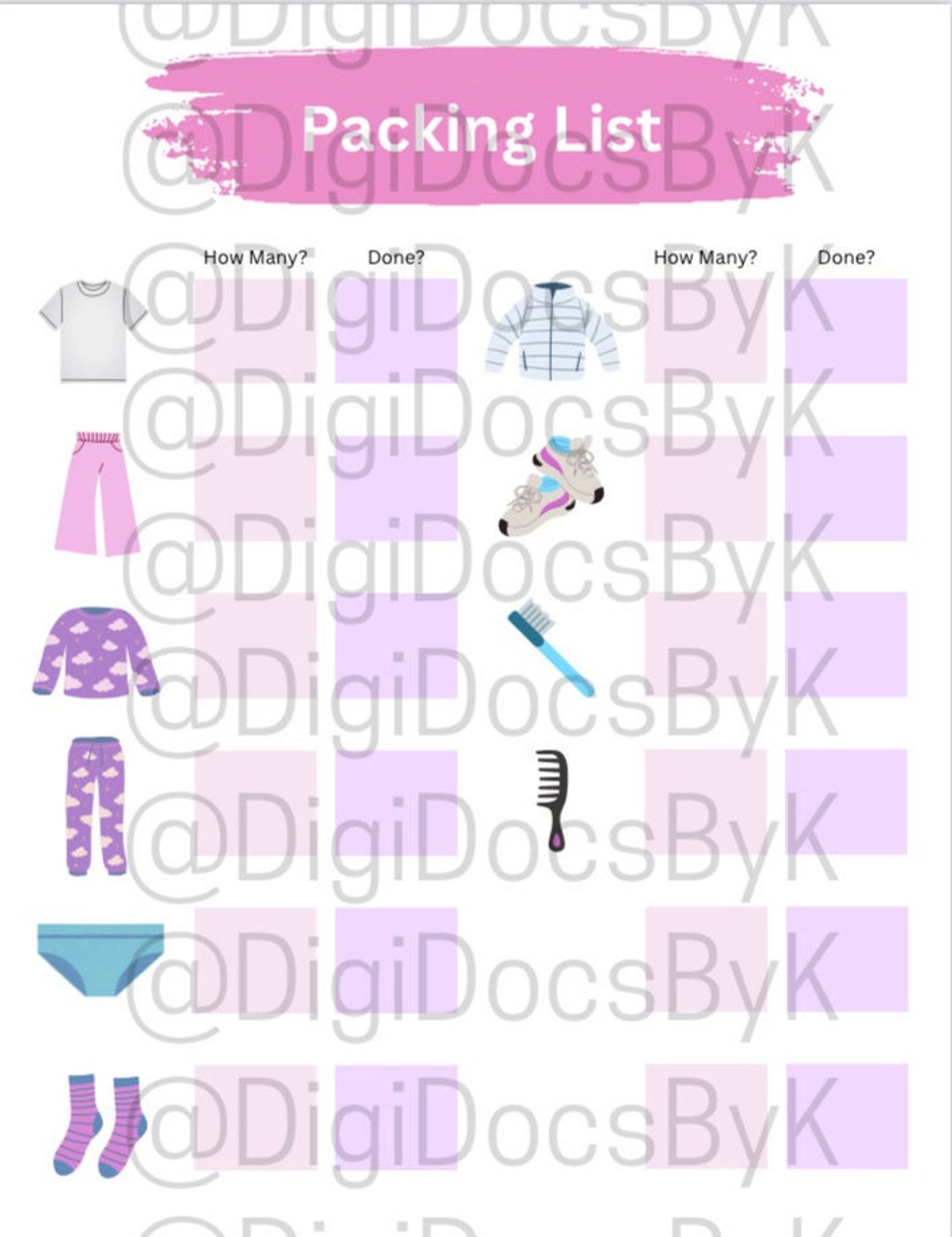 Children’s Packing Assist Chart - Etsy