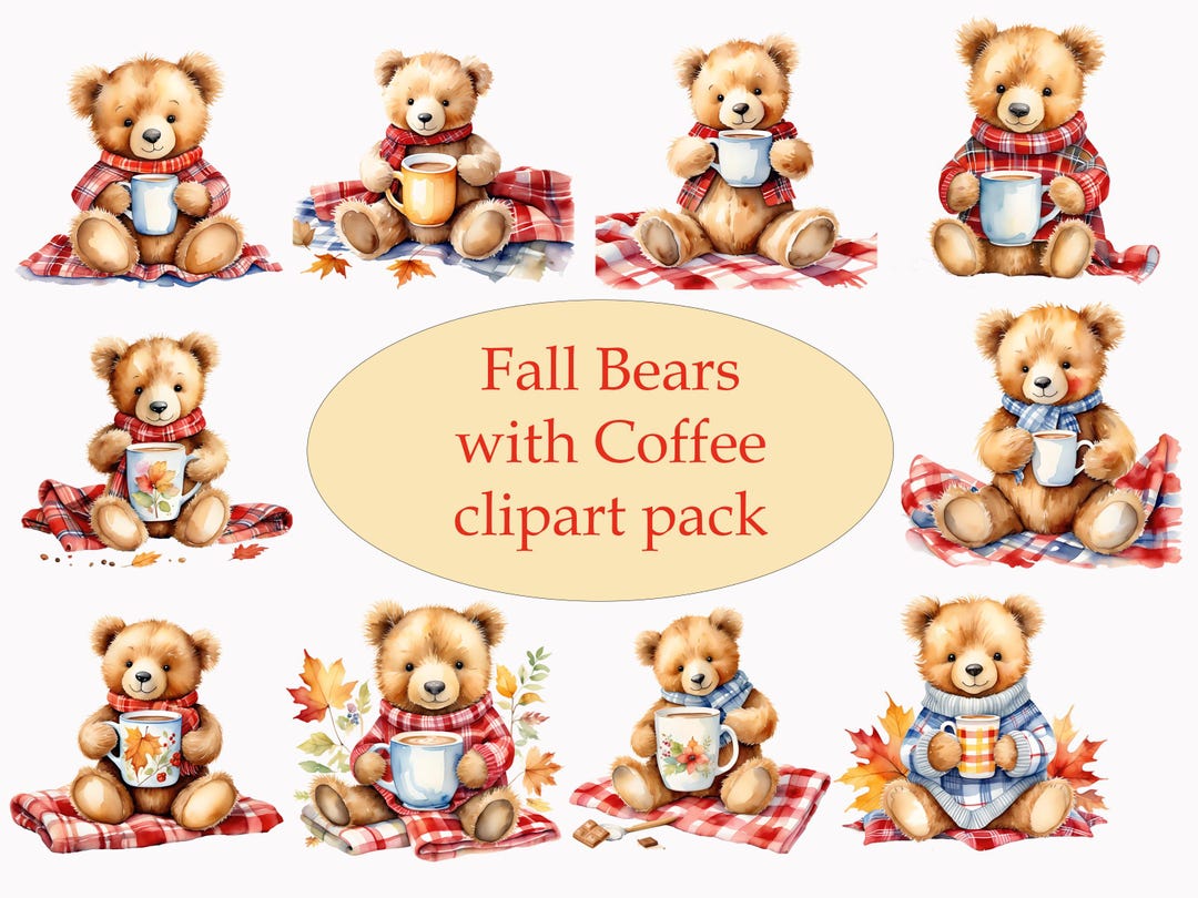 Fall Bears With Coffee Clipart Set | Cute Autumn Bear Illustrations ...