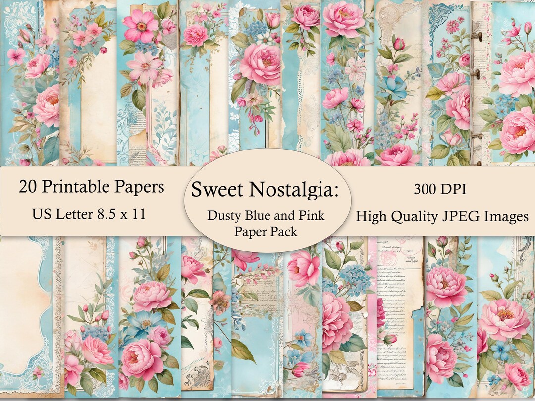 Dusty Blue and Pink Distressed Digital Paper Pack, Vintage Style Papers ...
