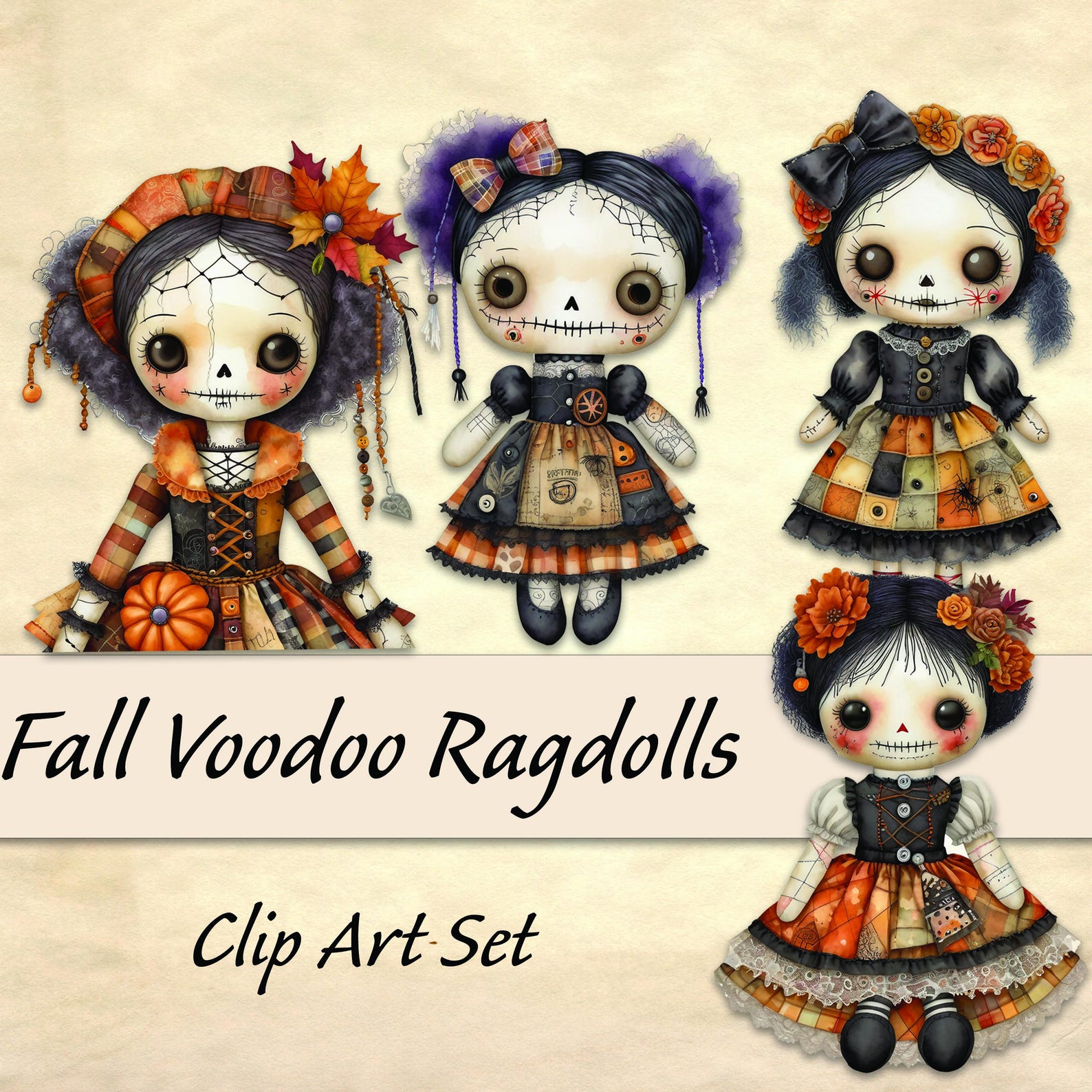Fall Voodoo Ragdoll Clipart Pack | Spooky Cute Halloween Graphics ...