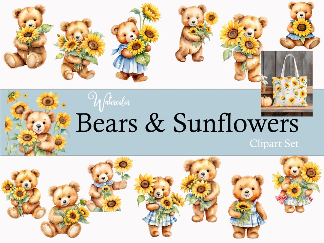 Bears With Sunflowers Clipart Set | Bear in Sundress | Cute ...