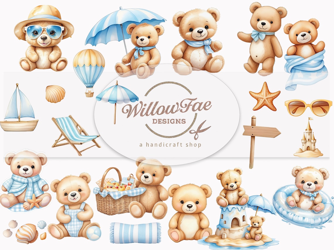 Adorable Teddy Bear at the Beach Clipart Set | Baby Boy Blue | Digital ...